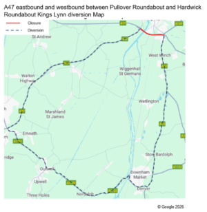A47 eastbound and westbound between Pullover Roundabout and Hardwick ...